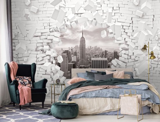 Fotobehang - Vlies Behang - New York door Gebroken Muur 3D Zwart-wit ...