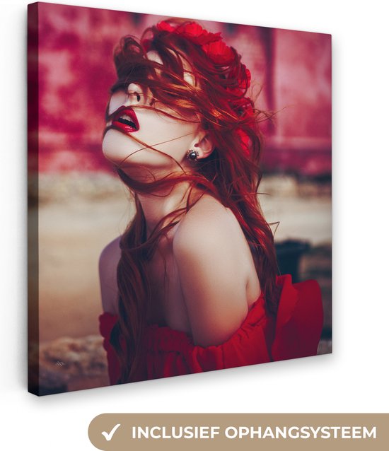 Canvas Schilderij Kasteel - Rood - Vrouw - Portret - 50x50 cm - Wanddecoratie | bol
