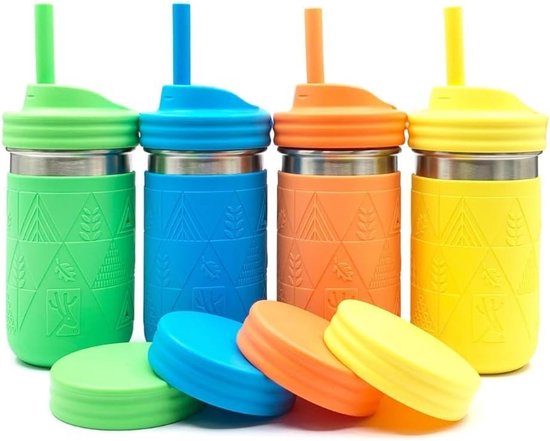 Set van 4 RVS Bekers met Lokjes en Rietjes - 400ml - Geschikt voor ...