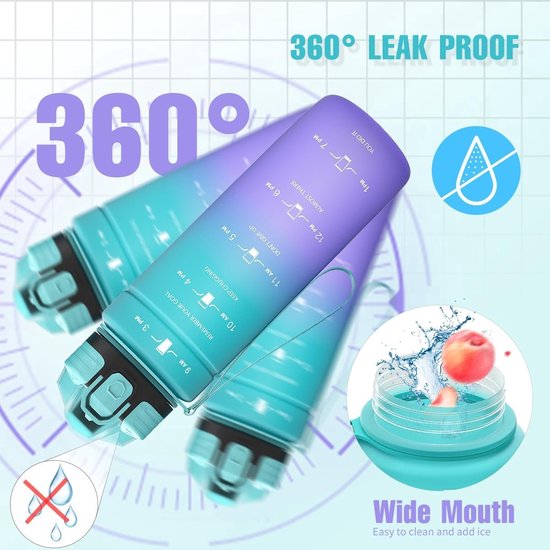 Stunq® Fraaie en Praktische Waterfles met Tijdmarkeringen voor Sport en ...