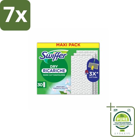 7 x Swiffer - Dry Navullingen – Voor Vloerwisser – 30 doekjes - Grootverpakking -... | bol