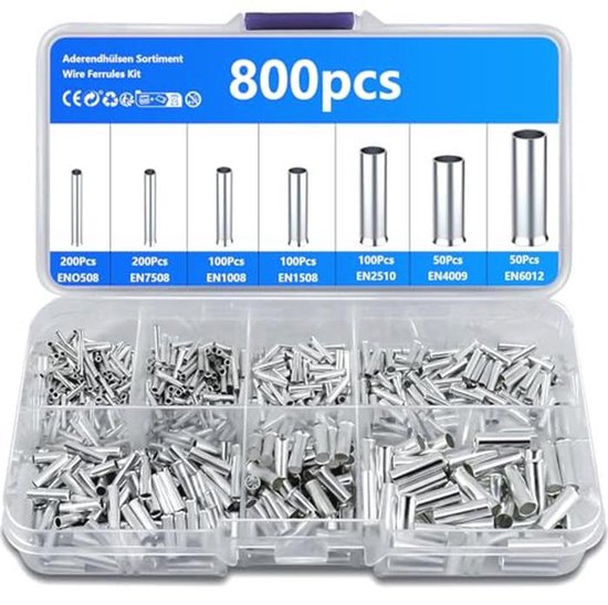 800 Stuks Niet Geïsoleerde Adereindhulzen - Assortiment Kabelhulzen 10 ...
