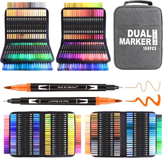Dual Brush Pen Set met 168 Kleuren voor Handlettering en Kleurboeken | bol