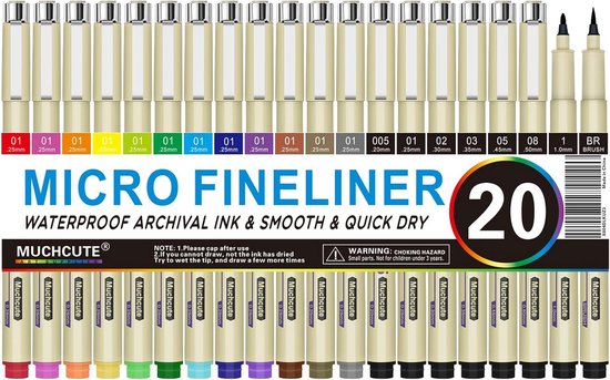 Fineliners Set van 20: 12 Kleuren en 8 Zwart - Waterdichte Inkt voor ...