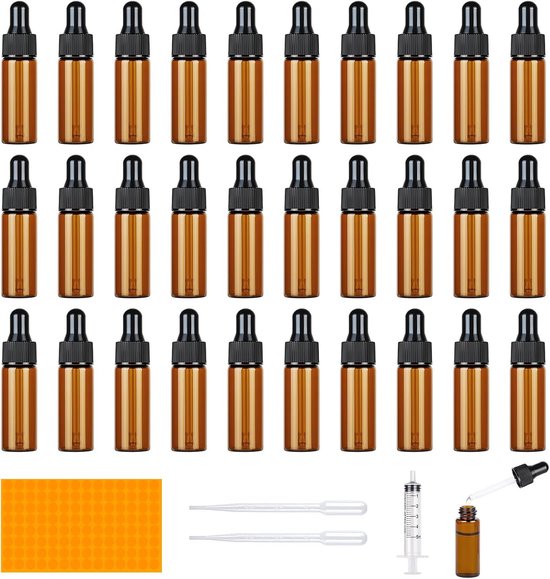 30 Stuks Amber Mini Pipetflessen 5ml - Herbruikbare Glazen ...