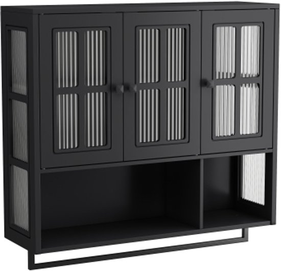 Wandkast 88x26x82,5cm Opbergkast Kast Zwart MDF Glas Metaal DrieDeurs ...