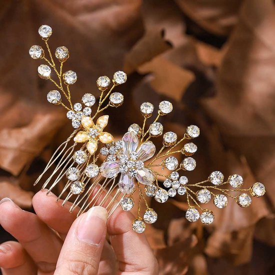 Bruidshaaraccessoire Goud Zij-/Haarkam met Kristal en Parels voor ...