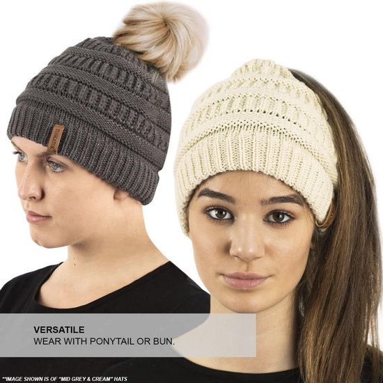 Winterbeanie voor dames met opening voor paardenstaart - Geribbelde ...
