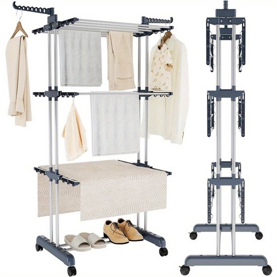 4-Laags Kledingdroogrek met Wielen – Grote RVS Wasdroger met ...