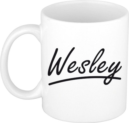 Wesley naam cadeau mok / beker met sierlijke letters - Cadeau collega ...