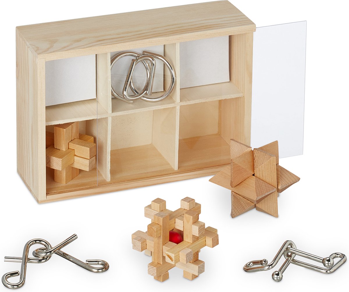 Relaxdays iq puzzels - denkspel puzzel - houten puzzelblok - metalen ...
