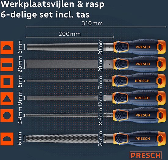 Presch vijlenset metaal en hout 6st met tas - Hoogwaardige vijlenset ...