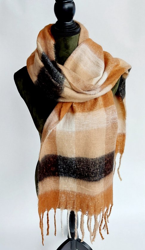 zaZa'z - Sjaal - Zand/Zwart/Bruin- Blok - 200x55cm | bol.com