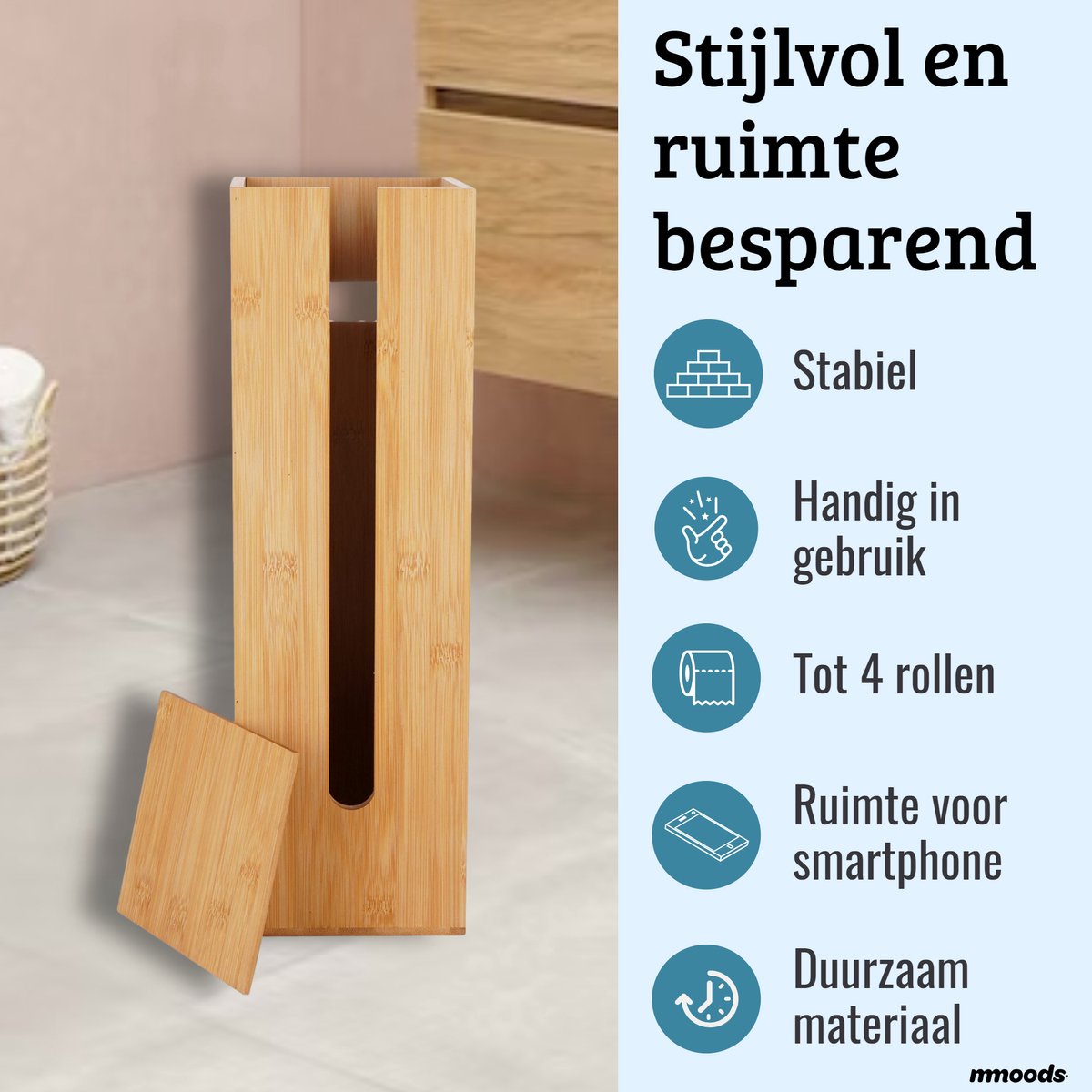 Mmoods Toiletrolhouder Staand Hout Bruin - WC Rolhouder Zonder Boren ...