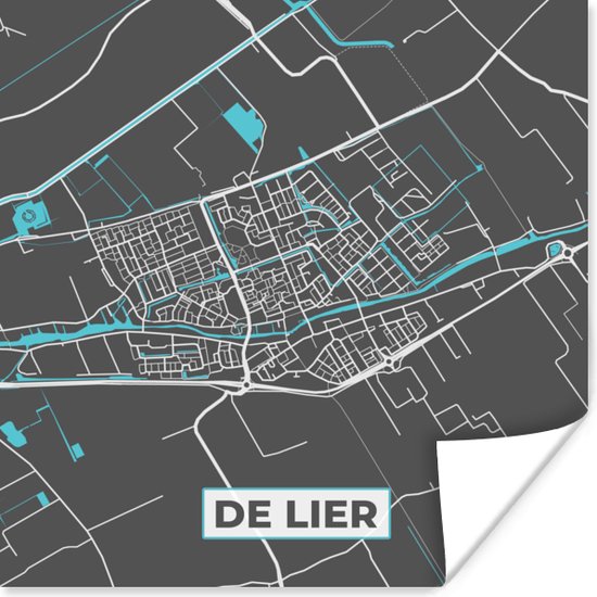 Poster De Lier - Stadskaart - Kaart - Blauw - Plattegrond - 100x100 cm ...