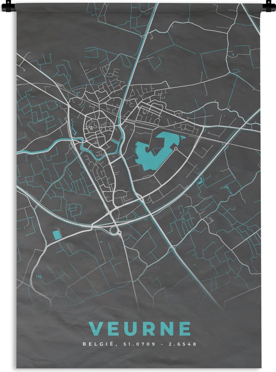 Wandkleed - Wanddoek - België – Veurne – Stadskaart – Kaart – Blauw ...