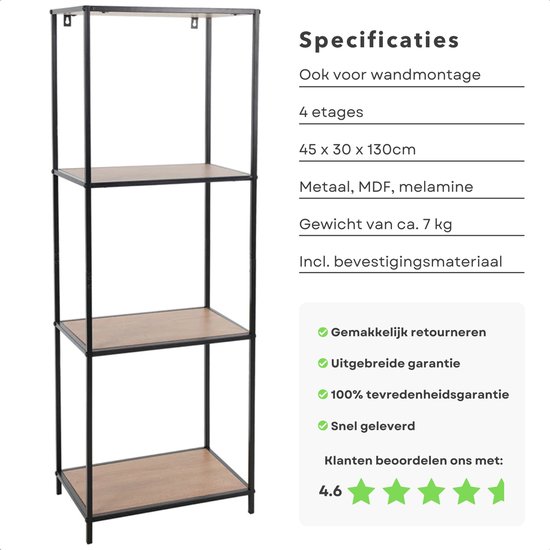 Cheqo® Wandkast - Opbergkast - Woonkamer - Stellingkast - Kast met 4 ...