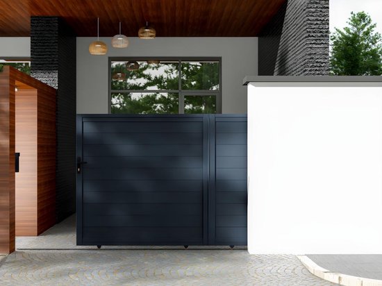 Vente-unique Schuifpoort van antraciet opengewerkt aluminium - L374 x ...