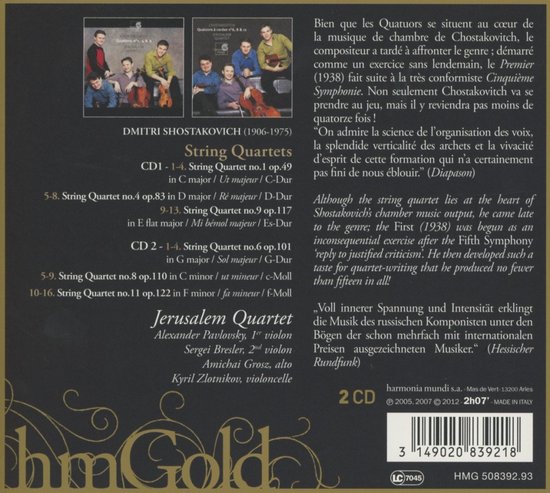 Jerusalem Quartet - Shostakovich: String Quartets No 1, 4, 6, 8, 9 & 11 (2 CD),... | bol