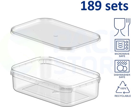 189 x plastic bakjes met deksel - 750 ml - rechthoek - vershoudbakjes ...