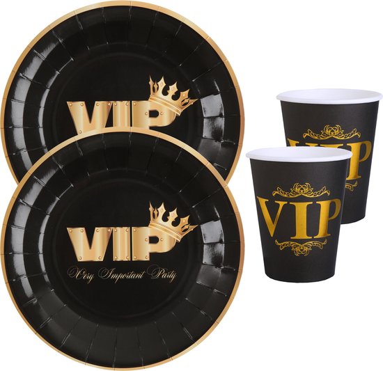 VIP feest wegwerp servies set - 10x bordjes / 10x bekers - zwart/goud ...