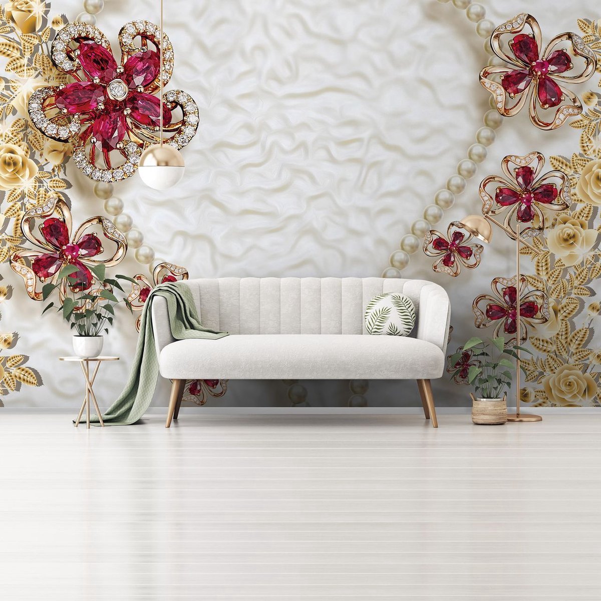 Fotobehang - Vlies Behang - Exclusief Luxe Design - Parels en Bloemen ...