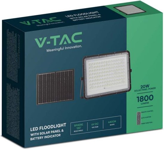 V-tac VT-180W LED Solar Floodlight - 4000K - 16000mAh - 3M kabel - Incl ...