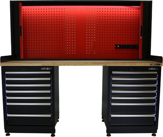 Kraftmeister werkbank 200 cm - Werktafel met gereedschapswand, 14 laden ...