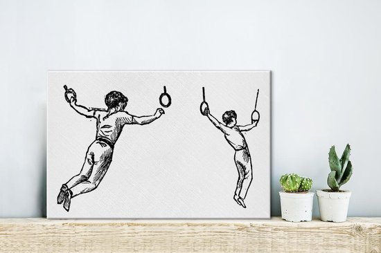 Canvas Schilderij Een tekening van twee mannen die in de ringen turnen ...
