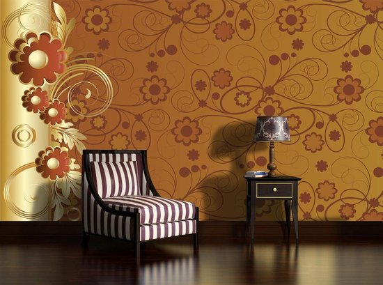 Fotobehang - Vlies Behang - Luxe Goud en Oranje Patroon van Bloemen ...