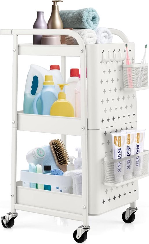 3-Laag Rolkar, Opbergwagen met Dubbele DIY Gaatjeswand, 2 Manden, 4 ...