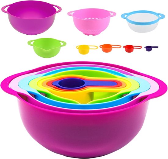 Set van 8 mengkommen, plastic saladeschaal, antislip met 2 x mengkommen ...