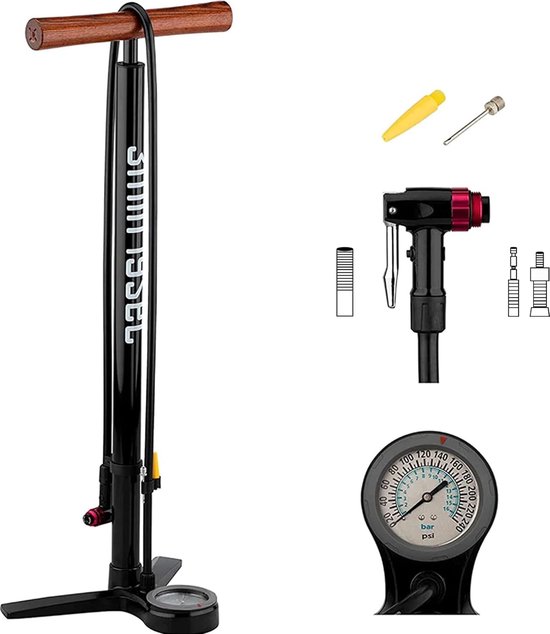 Premium Aluminium Fietspomp met Houten Handvat - tot 16 Bar / 240 PSI ...