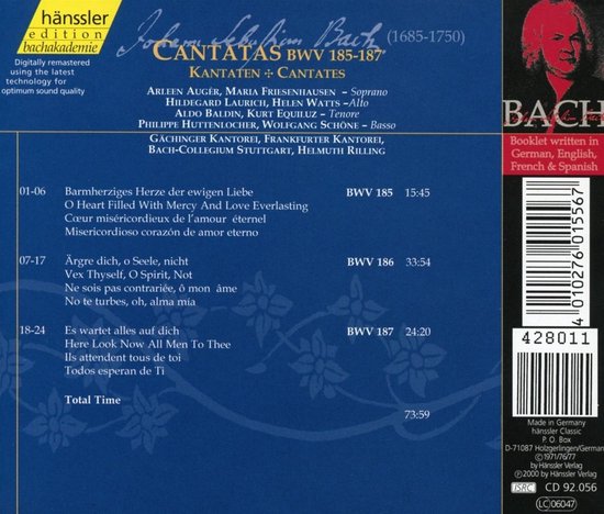 Bach-Ensemble, Helmuth Rilling - J.S. Bach: Cantatas Bwv 185-187 (CD ...