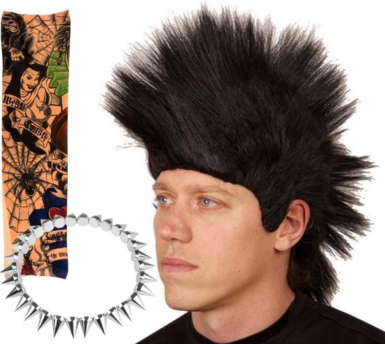 Carnaval verkleed set heren punker - hanekam pruik zwart - spikes ...