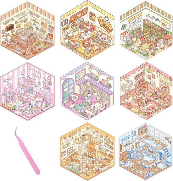 8 Stuks 3D Sticker Set - Huis Stickers 8 Scènes Met Achtergrond En ...