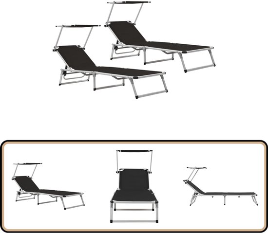 vidaXL Ligbedden - Set van 2 - Aluminium - Zwart Ligbed - Zonnebed ...