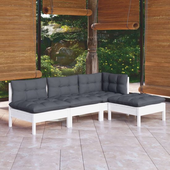 vidaXL Loungeset 4-delig - Grenenhout - Wit Tuinlounge - Lounge Set ...