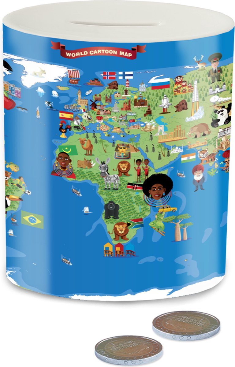 Spaarpot - Spaarblik - een cartoon kaart van de wereld met figuren ...