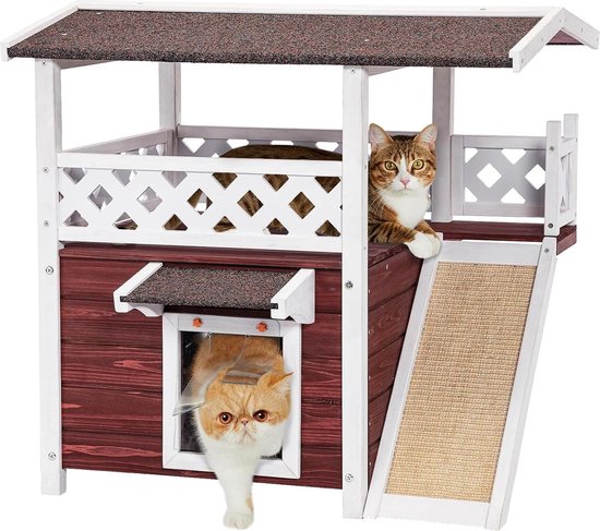 Kattenhuis Massief Hout Weerbestendig Kattenhok Met Vluchtdeur Rood ...
