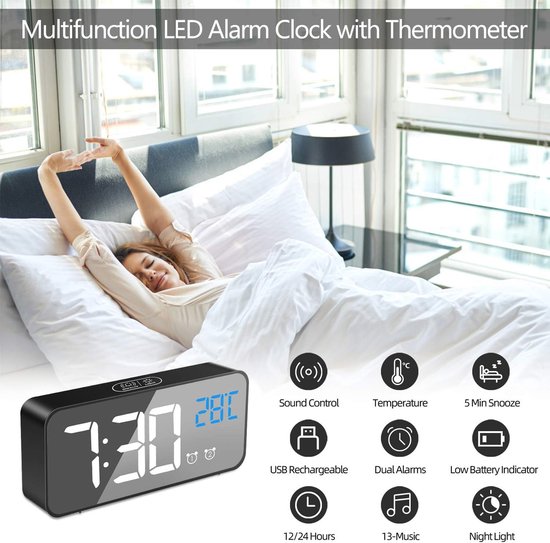 Digitale LED wekker met spiegeldisplay, oplaadbaar en spraakgestuurd ...