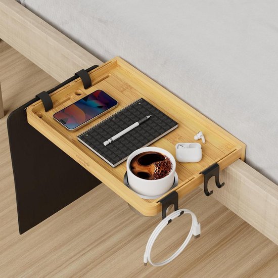 Hangend Nachtkastje Bamboe Bedrek met Opbergtas - Bekerhouder - Haak en ...