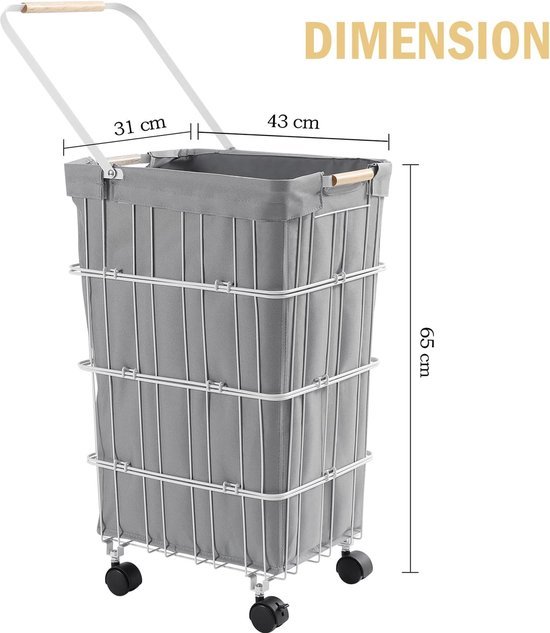 Wasmand, grote wasmand met wielen en handgreep, metalen frame voor slaapkamer, hoge... | bol