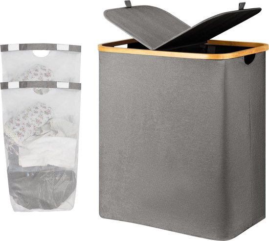 Wasmand met deksel - 2 vakken - inklapbaar - 140 liter - donkergrijs | bol