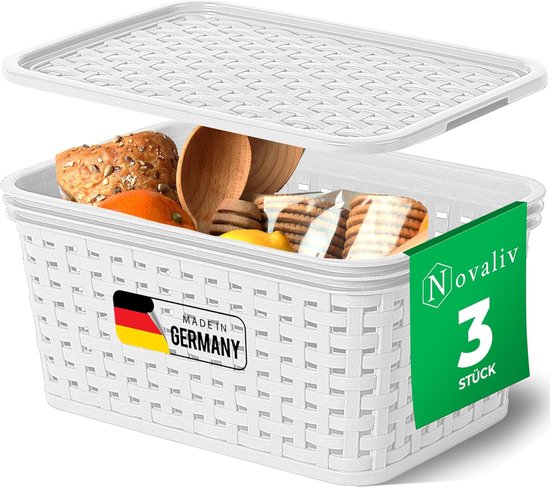 Novaliv Set van 3 opbergdozen met deksels Keuken 2L Wit Plastic Rotan ...