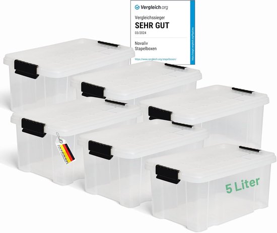 Novaliv 6x opbergdozen met deksel 5L transparant nestbaar stapelbaar ...