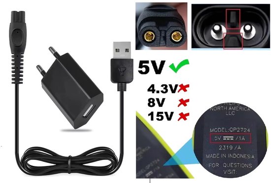Philips OneBlade Oplader - Adapter + USB-kabel - 5V 1A - 1m | bol