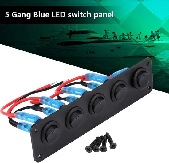 12V To 24V 5 Gang Blue LED Rocker Switch Panel for RV Boat Yacht Marine ...