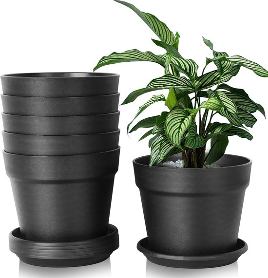 Set van 6 ronde bloempotten met onderzetters en drainagegaten voor ...