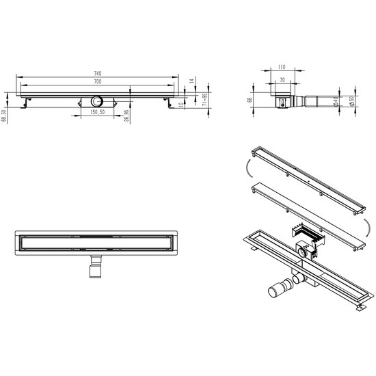Wiesbaden Douchegoot met Tegelrooster en Flens - 70x7cm - Mat Zwart | bol